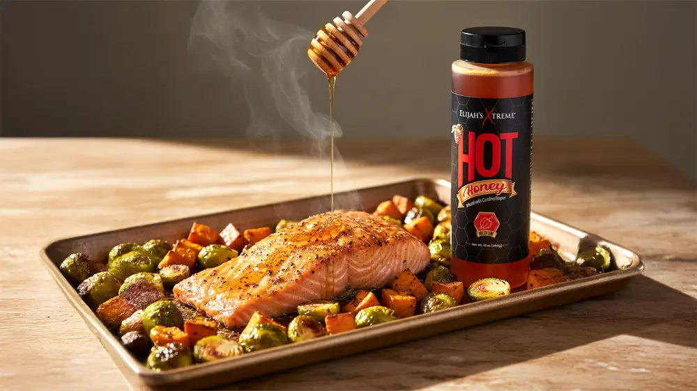 🍯🔥 Hot Honey Glazed Salmon with Roasted Sweet Potatoes & Brussels Spro ...